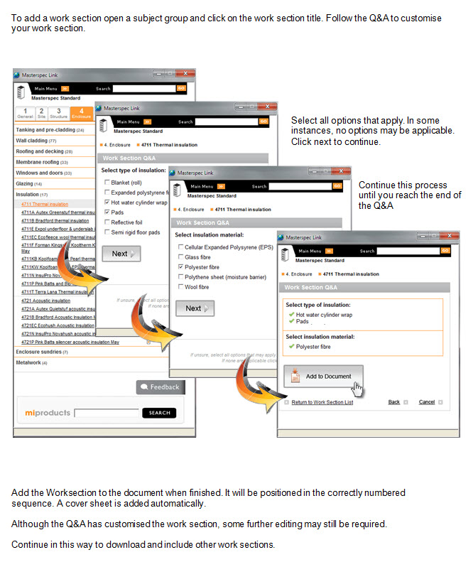 Link add sections with Q&A - Masterspec